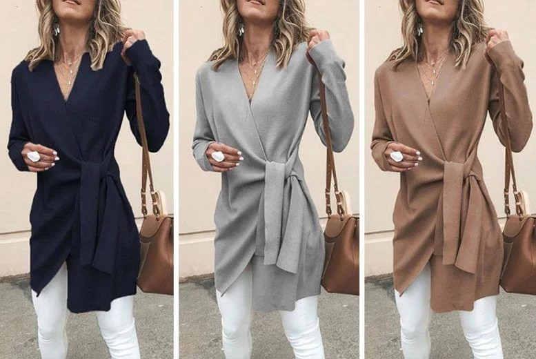 Winter Women clothing Casual Leather Tied Up V Neck Open Front Suit